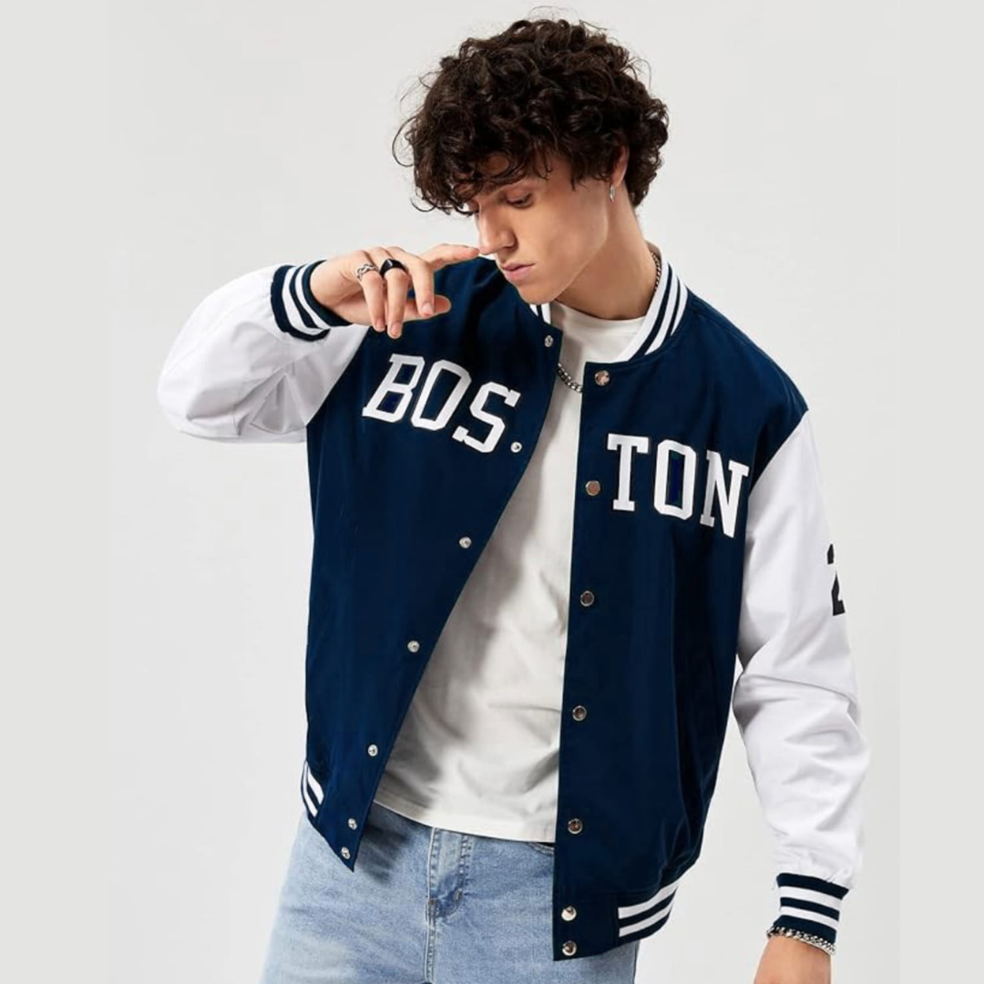 NAVY BLUE BOSTON VARSITY JACKET – Monkeez